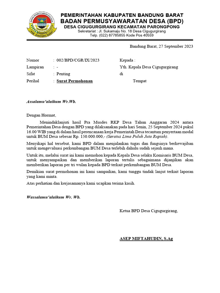 Surat Permohonan Laporan BUMDes | PDF