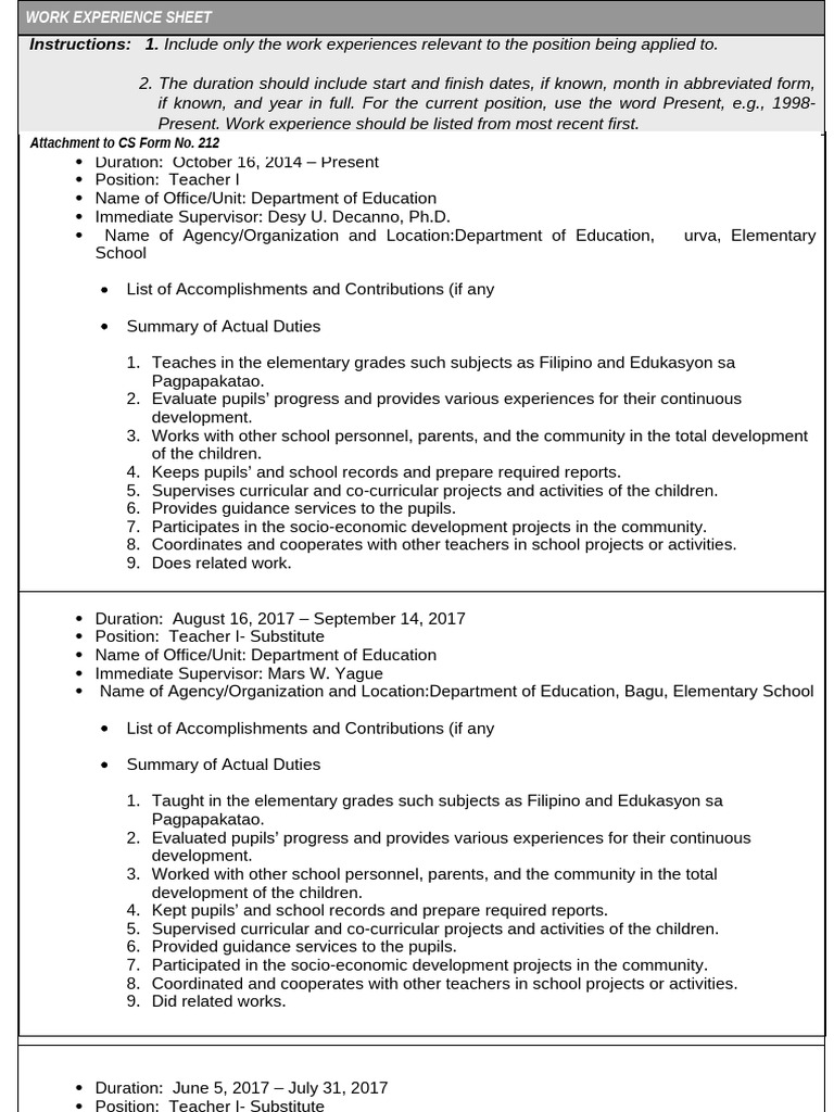 CS Form No. 212 Attachment - Work Experience Sheet | PDF | Teachers