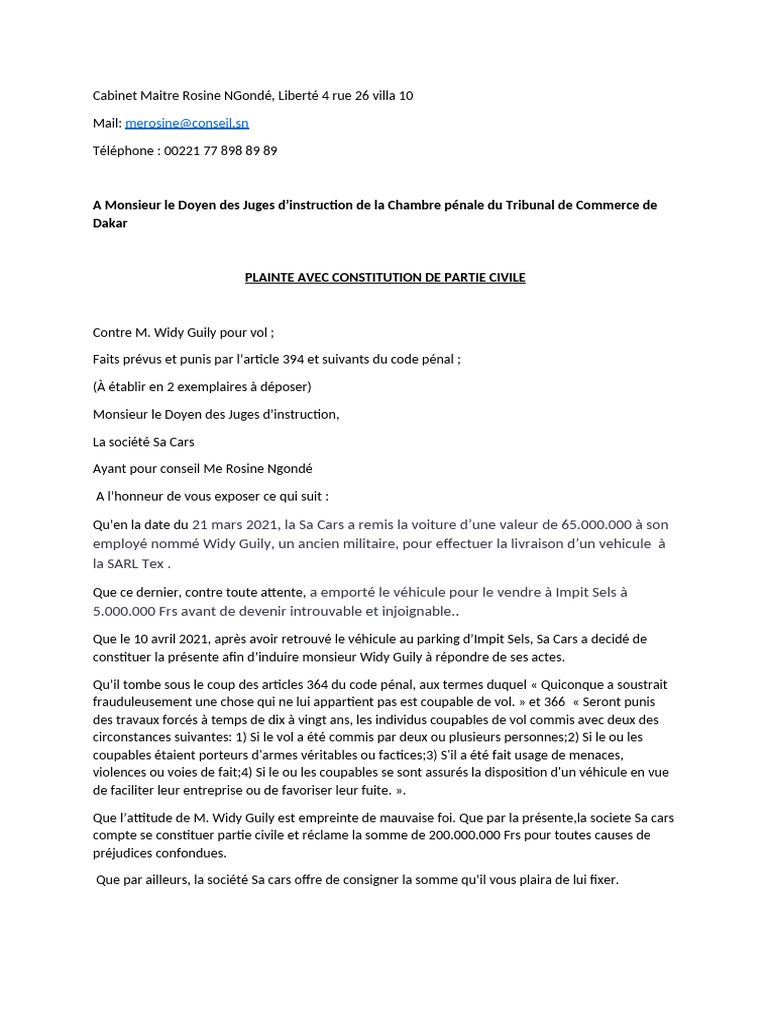 Plainte pour vol contre Widy Guily | PDF | Droit