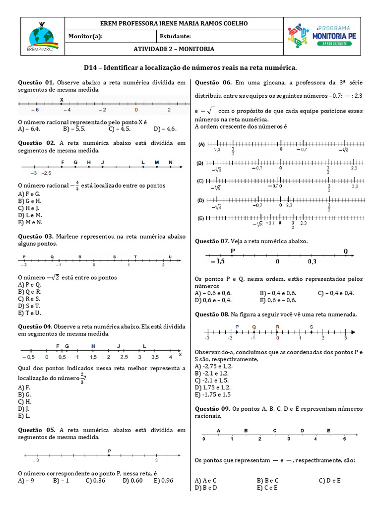 Aula 03 - Monitoria - Gabarito - D14 | PDF | Números | Matemática