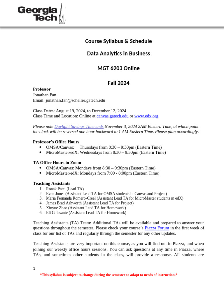 MGT 6203 Syllabus Fall2024 3 | PDF | Analytics | Data