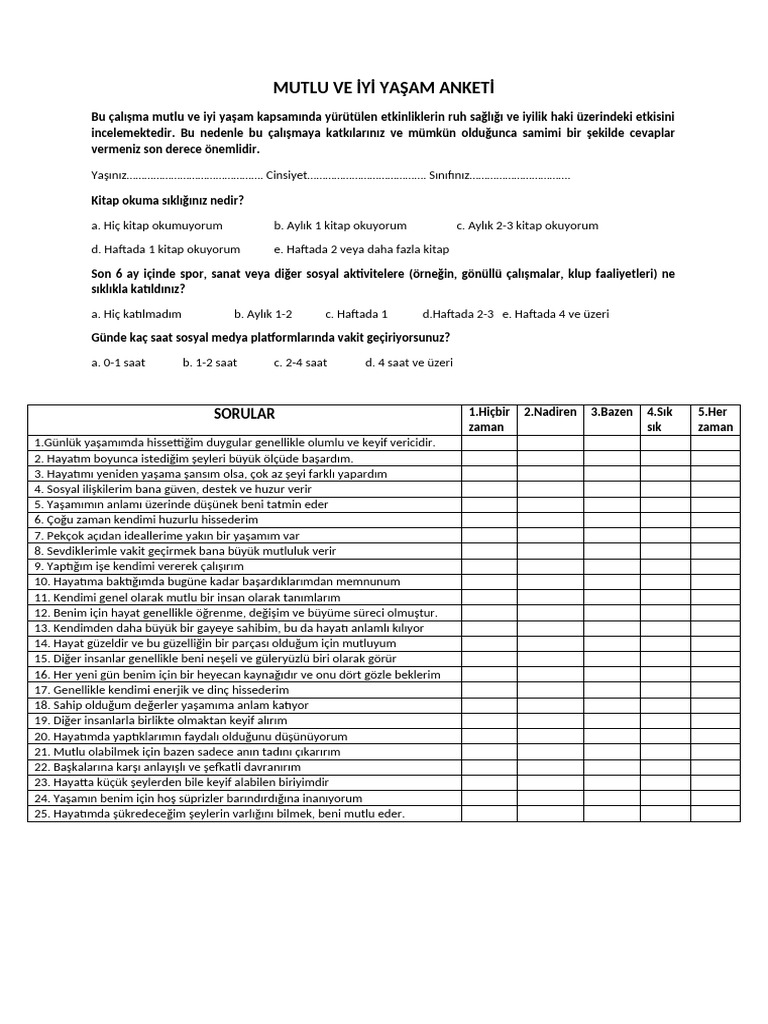 Mutlu Ve İyi̇ Yaşam Anket | PDF