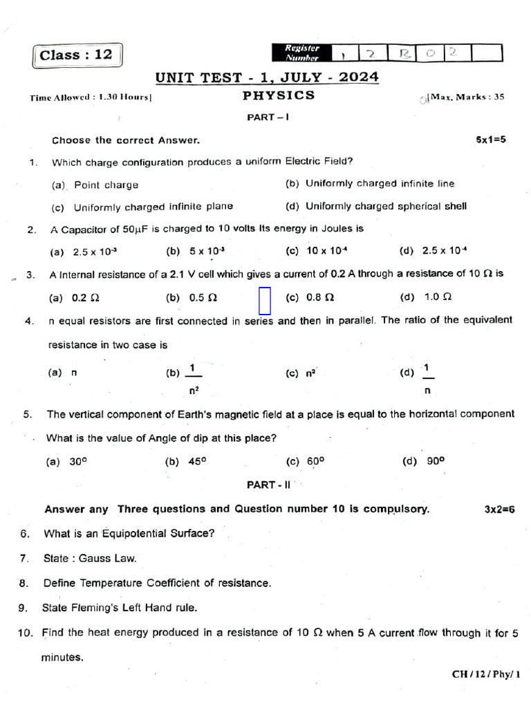 12th Physics Unit Test 1 Question Paper 2024 Chennai District English ...