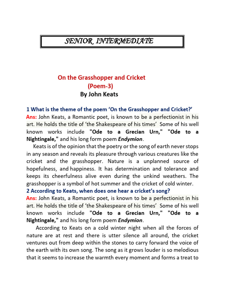 On The Grasshopper and The Crickey POEM - 3 | PDF | John Keats | Poetry