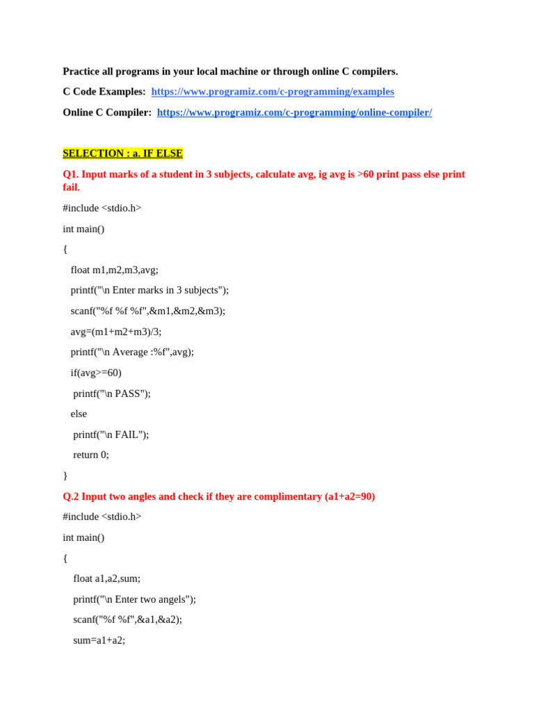 12 Programs In The Class Selection If Else And Switch Pdf Computer Programming Computer
