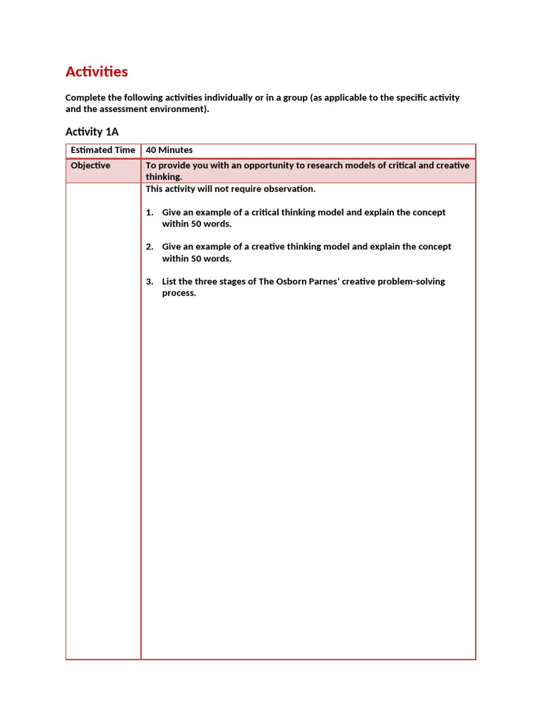 Critical and Creative Thinking Activities | PDF | Thought | Critical ...