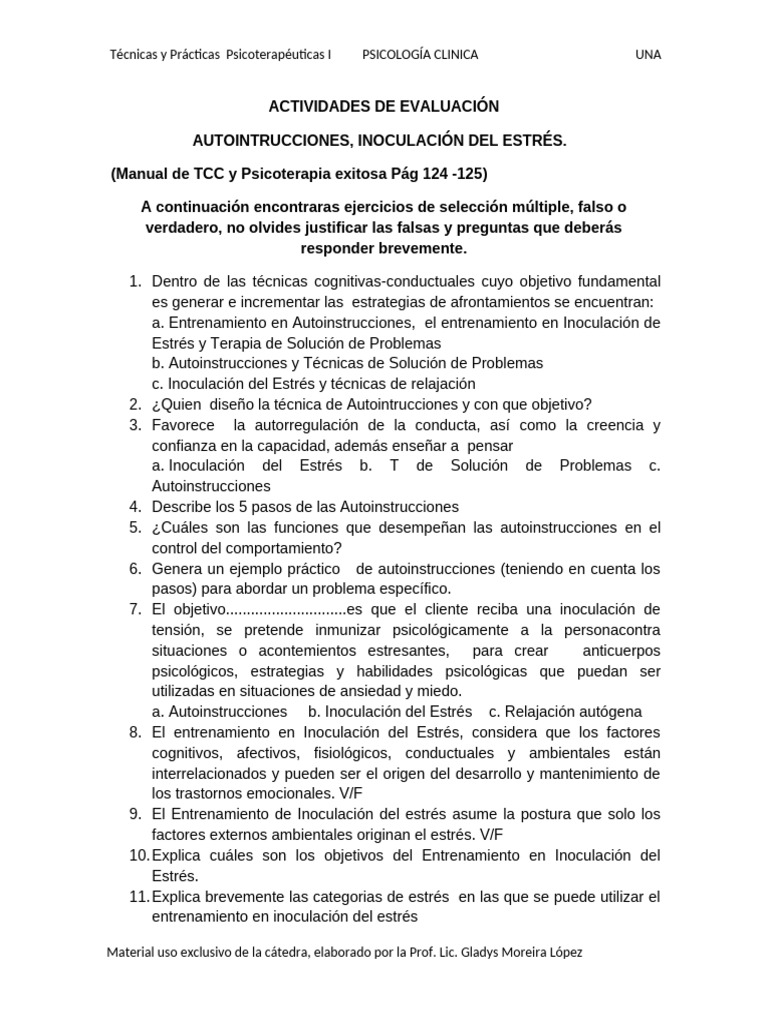 Actividades Autoinstrucciones y EIE 2024 | PDF | Estrés (biología) | Psicoterapia