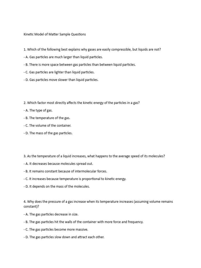 Kinetic Model of Matter Sample Questions | PDF | Gases | Liquids