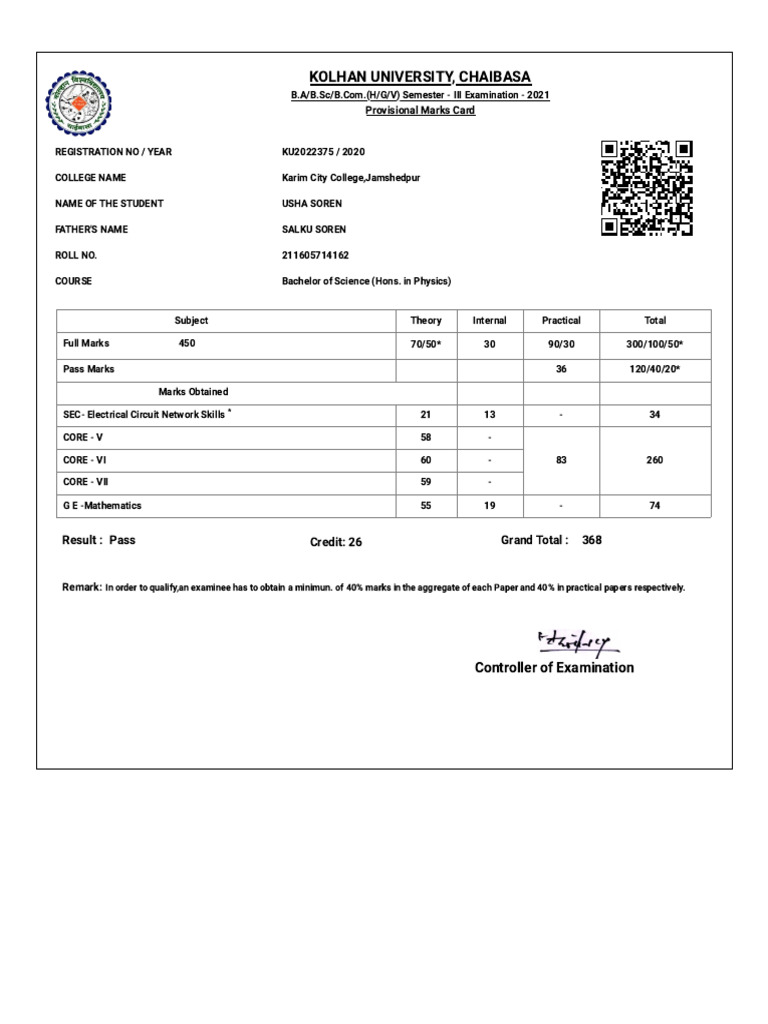 Kolhan University B.Sc Marks Card 2021 | PDF