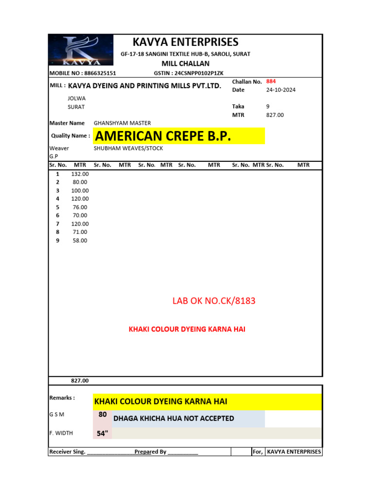 American Crepe B.P.: Kavya Enterprises | PDF