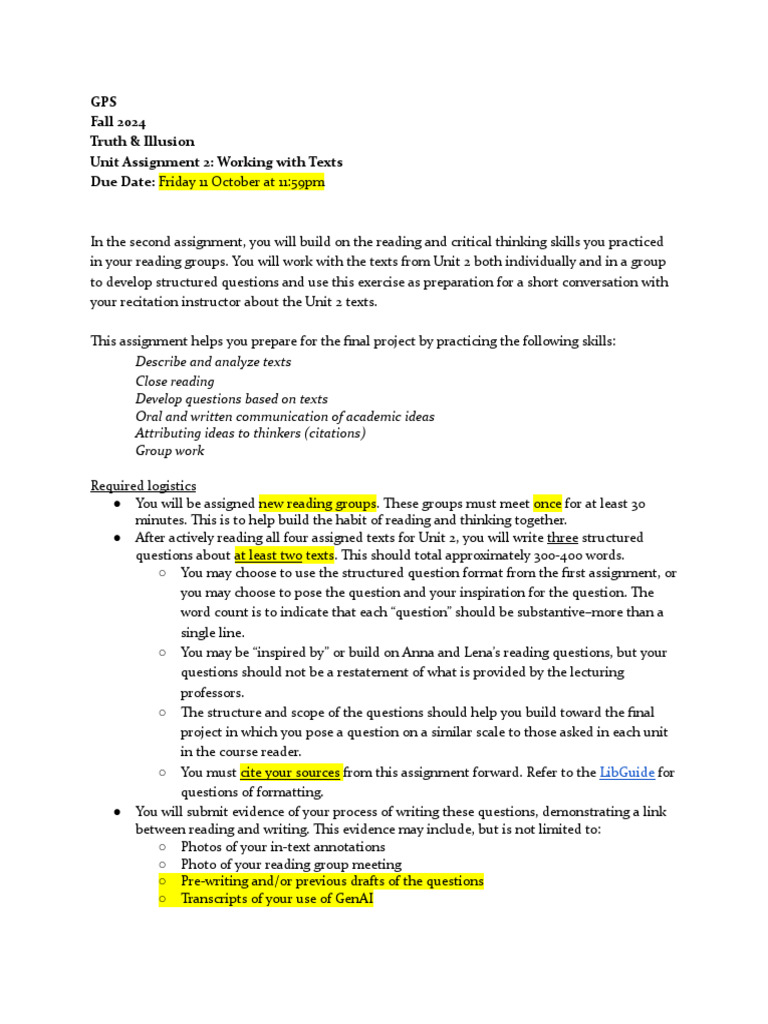 GPS Unit 2 Assignment Sheet | PDF | Reading Comprehension | Learning