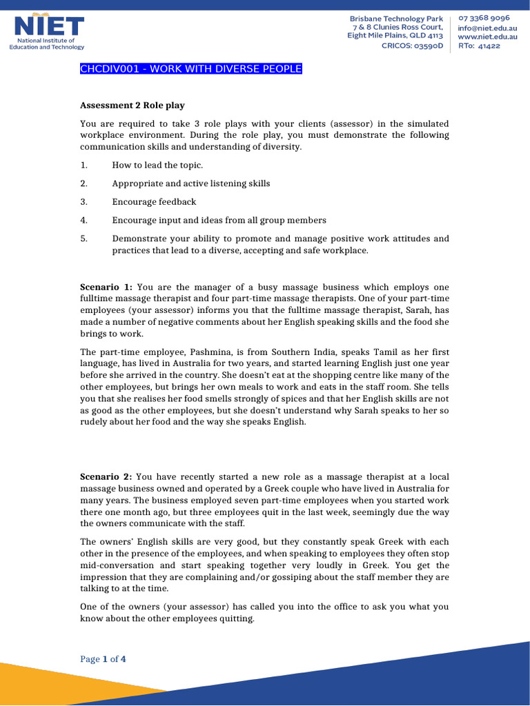 (HLT52015) - CHCDIV001 Assessment - Role Play Template.v1 | PDF ...