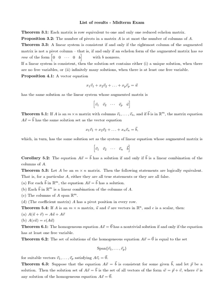 Midterm - List of Theorems | PDF | Matrix (Mathematics) | System Of Linear Equations