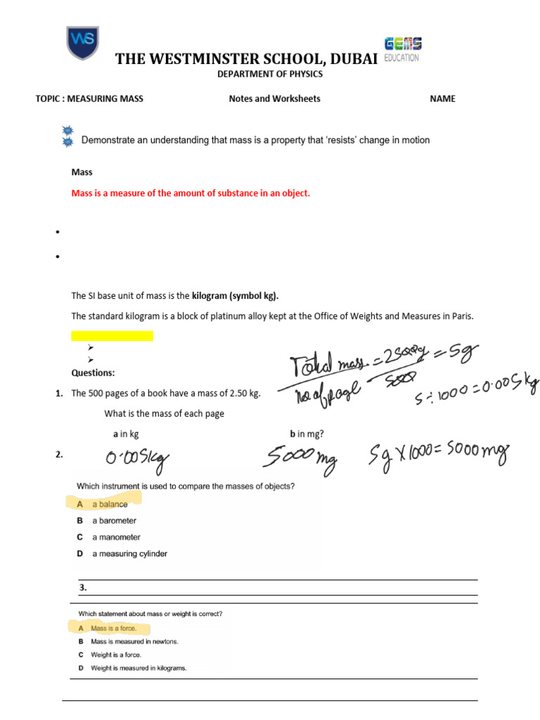 Measuring Mass Notes Worksheet | PDF | Science & Mathematics