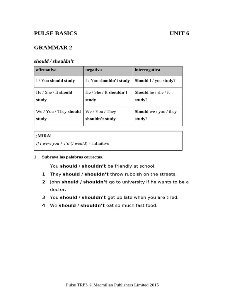 Pulse trf3 U6 Basics Grammar 2 Cast | PDF | Self-Improvement