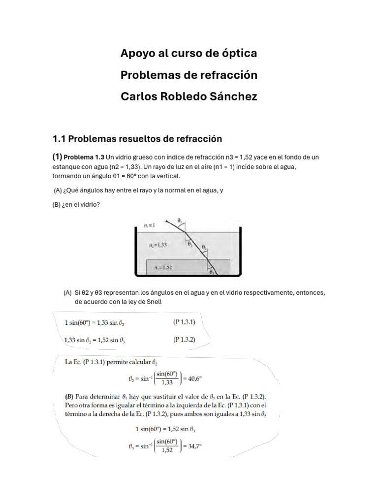 Ejercicios Optica Resueltos | PDF | Refracción | Índice de refracción