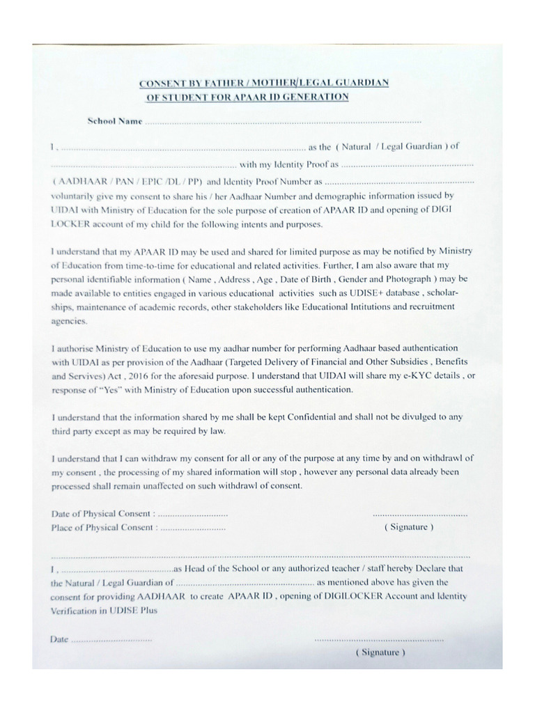 Consent Form APAAR ID | PDF