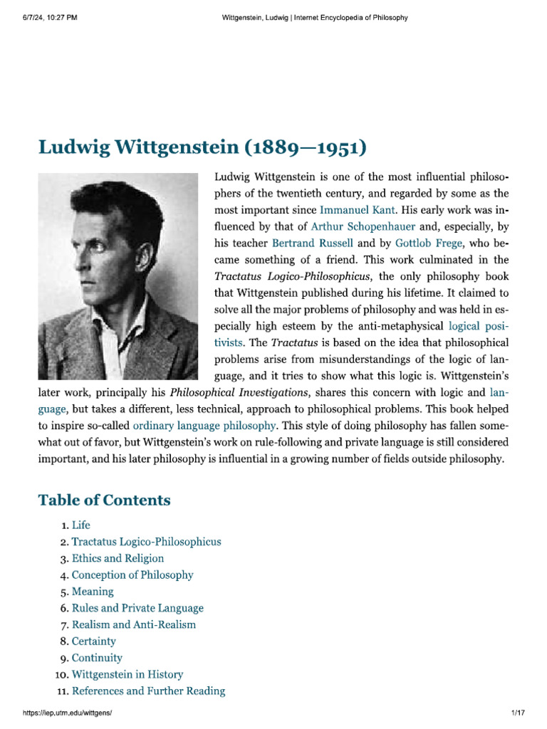 Philosophy of Ludwig Wittgenstein (1889-1951) | PDF