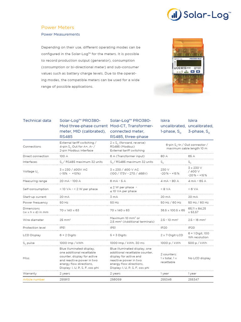 SolarLog_Datasheet_Power_Meters_ pro380mod | PDF | Electronic Engineering | Manufactured Goods
