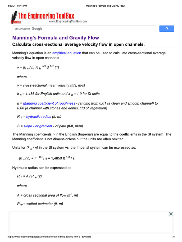 SEWAGE Pipelines Calculations (Manning Equation) | PDF