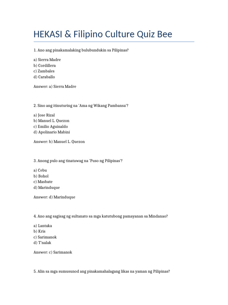 HEKASI Filipino Culture Quiz Bee | PDF
