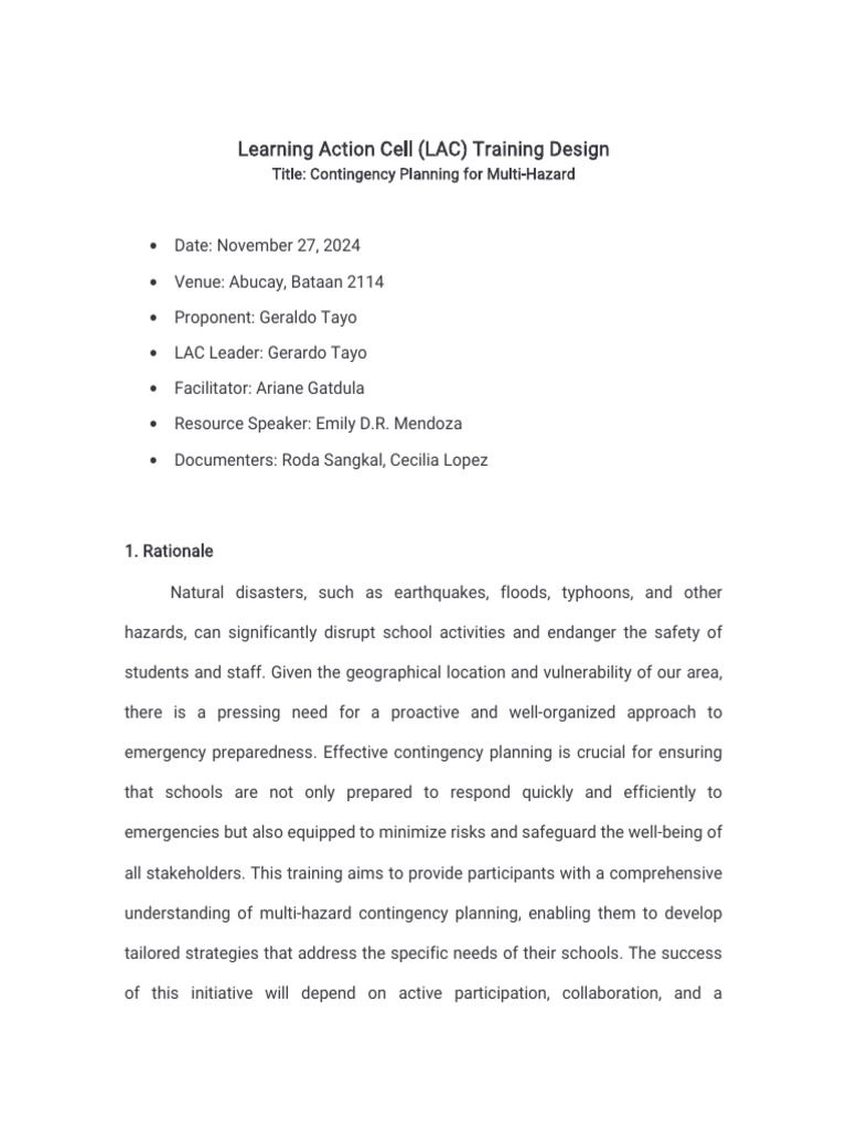 Tayo LAC Training Design Contingency Planning | PDF | Emergency ...