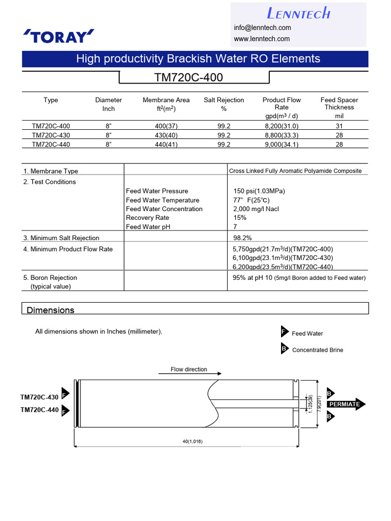 Toray TM720C 400 Brackish Water RO Element L | PDF | Membrane | Water
