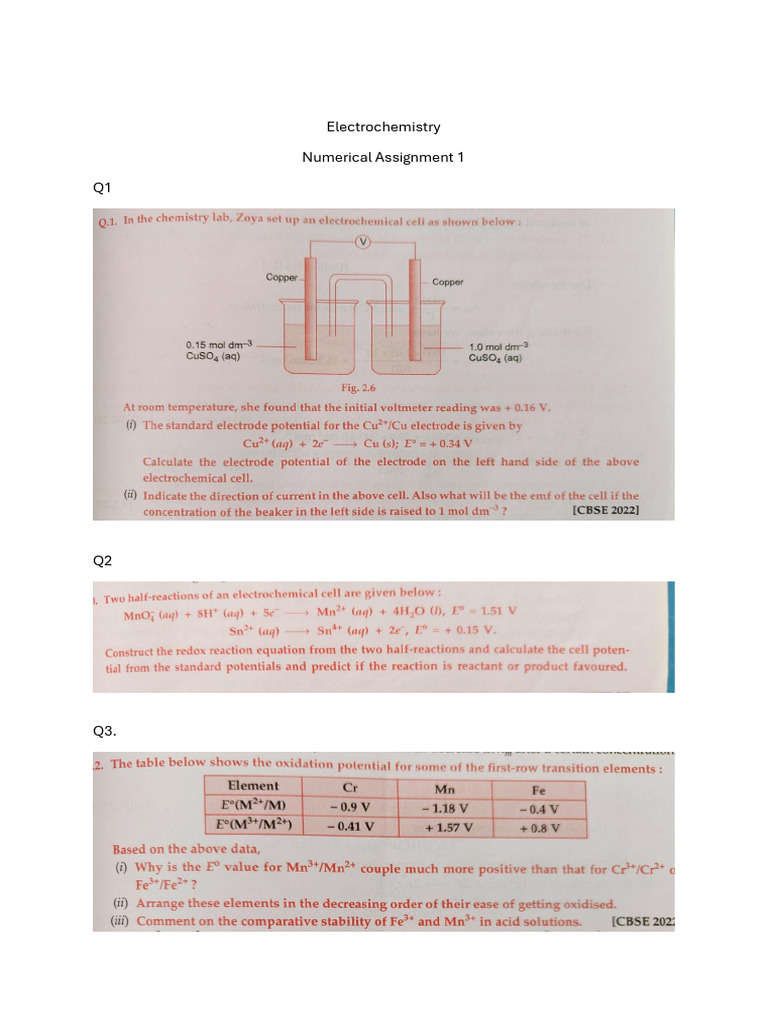 Electrochemistry Numerical Worksheet | PDF