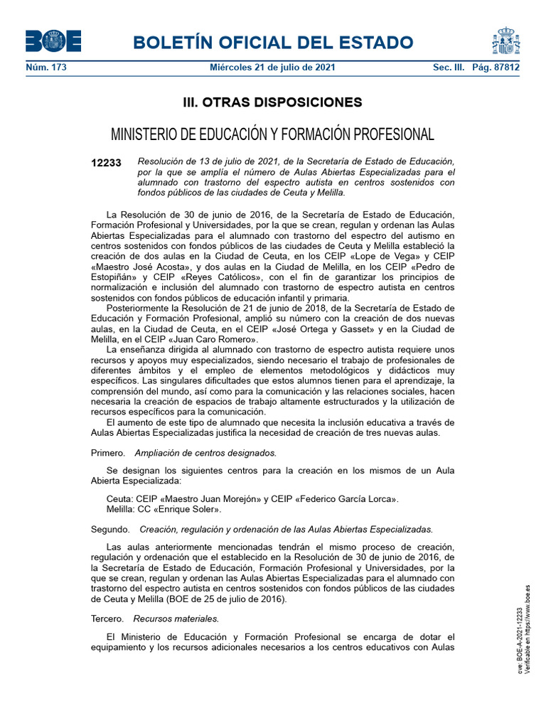 Resolución 13 de jun. 2021 aulas TEA | PDF | Educación primaria ...
