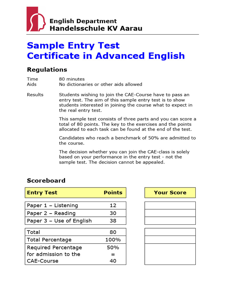 Cae Sample Entry Test Hkva-Bs Kat | PDF