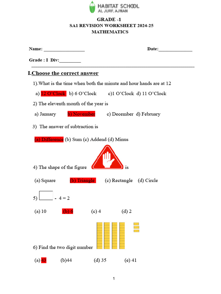 Answer Key - Grade 1-Math Revision Worksheet - Worksheet .Docx 1 | PDF ...