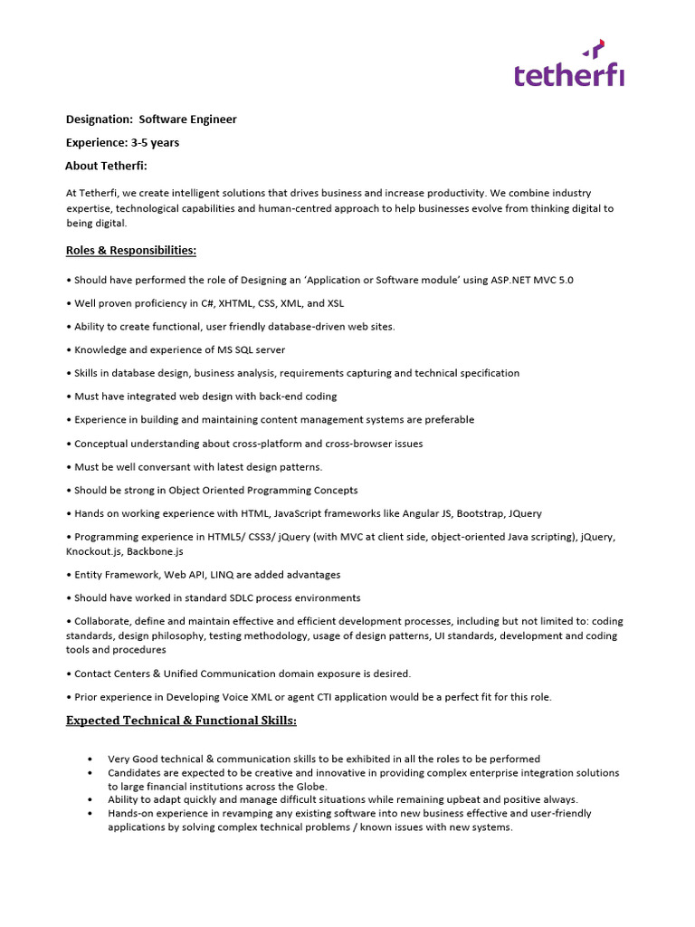 Tetherfi - Software Engineer - Job Description | PDF | J Query | Computing