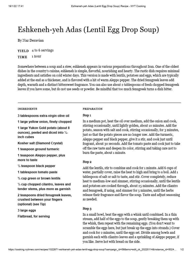 Eshkeneh-yeh Adas Recipe: Lentil Soup | PDF | Soup | Teaspoon