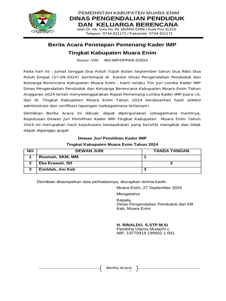 Berita Acara Pemenang Kader IMP 2024 | PDF