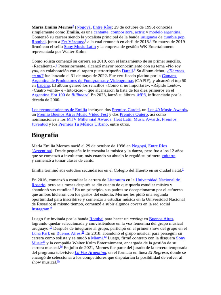 Biografía de Emilia Mernes: Carrera y Logros | PDF | Grabación de ...
