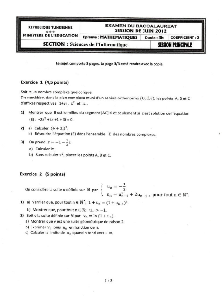 Bac 2012 Bac Info Epreuve Math Session Principale PDF | PDF