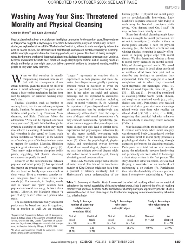 Washing Away Your Sins - Threatened Morality and Physical Cleansing (Science, Vol. 313, Issue ...