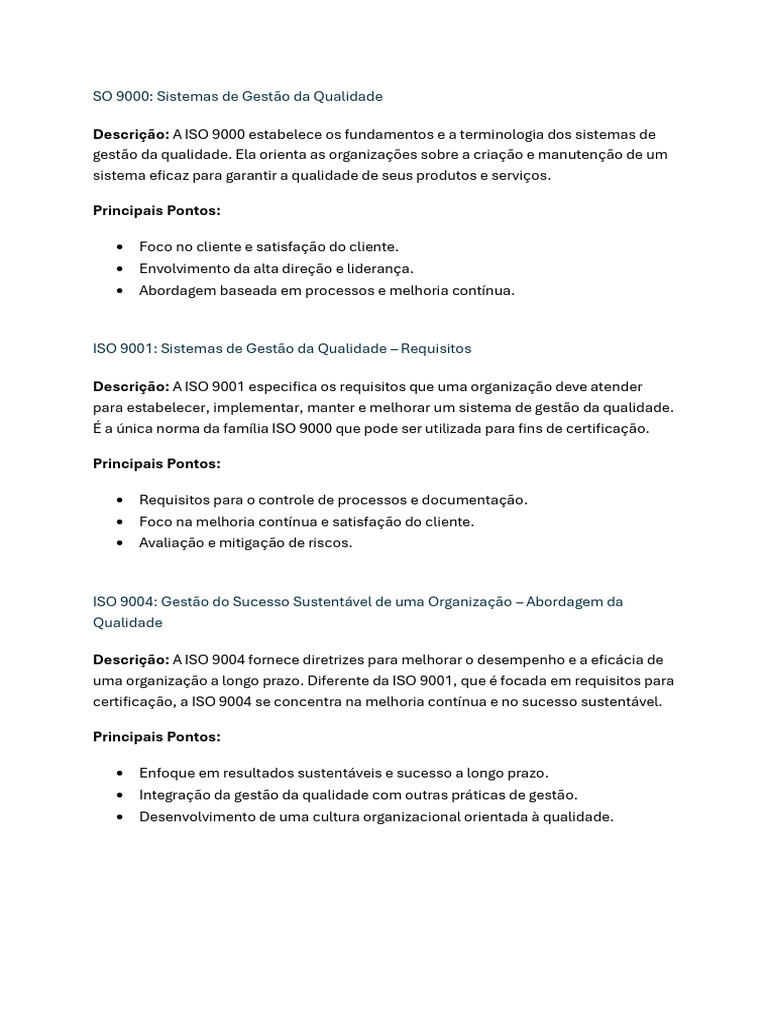 Resumo Da ISO 9000 90001 9001, 9004 e 19011. | PDF