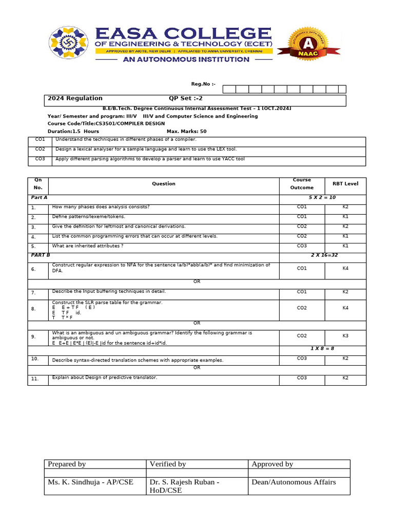 Cs3501 - Compiler Design Ciat 1 QP Set 2 | PDF | Parsing | Formalism ...