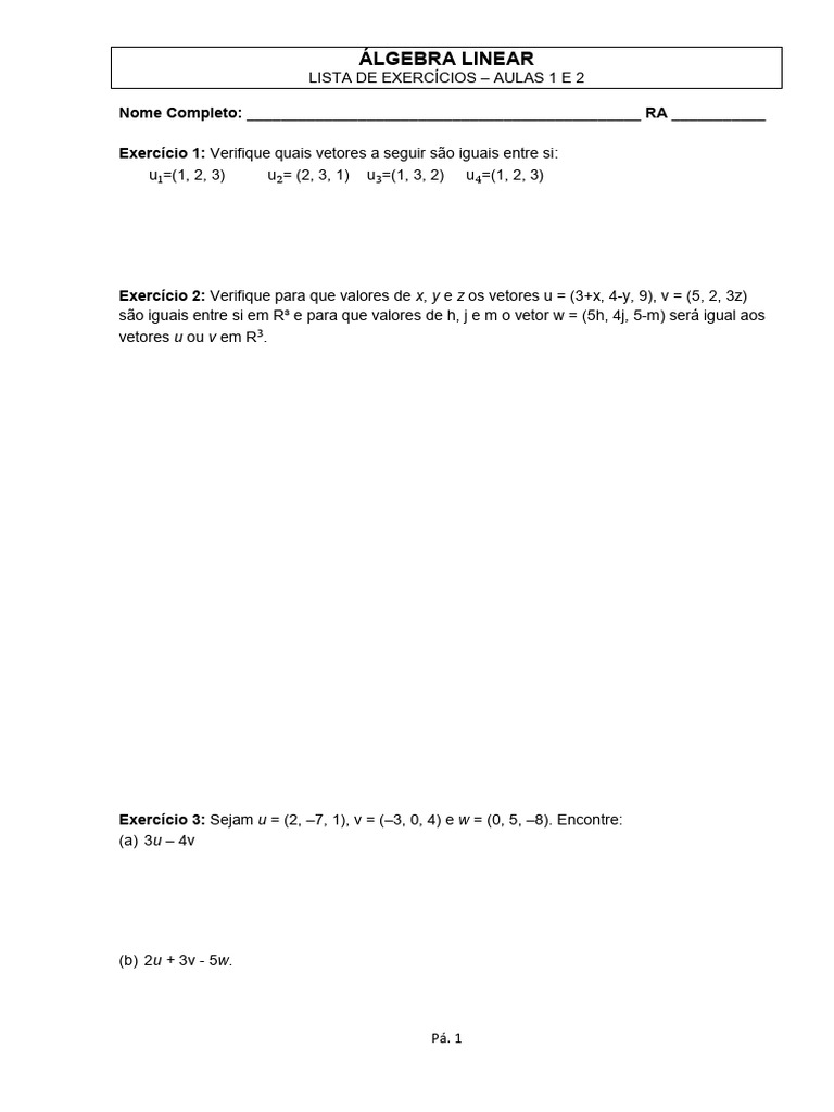 Lista de Exercícios - Aulas 1 e 2 COM RESPOSTAS 1 | PDF | Álgebra linear | Álgebra