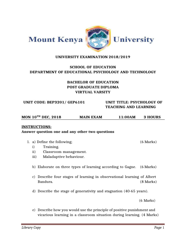 Bep3201 Gep6101 Psychology of Teaching and Learning Virt Main | PDF | Learning | Social Psychology