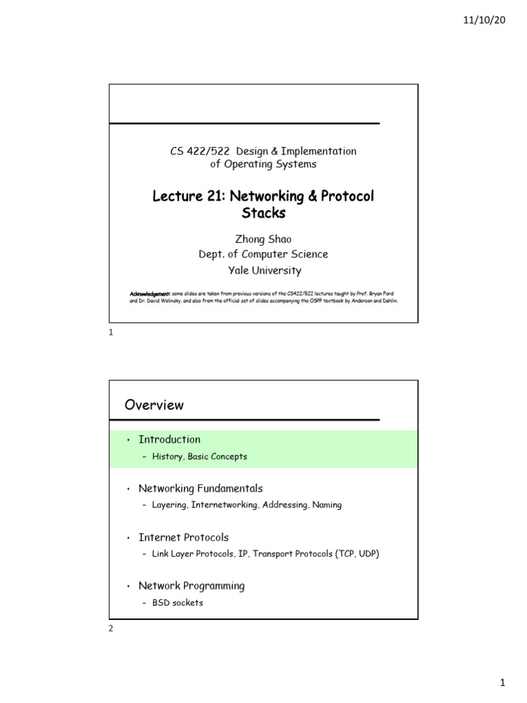 Lecture 21: Networking & Protocol Stacks: CS 422/522 Design & Implementation of Operating ...