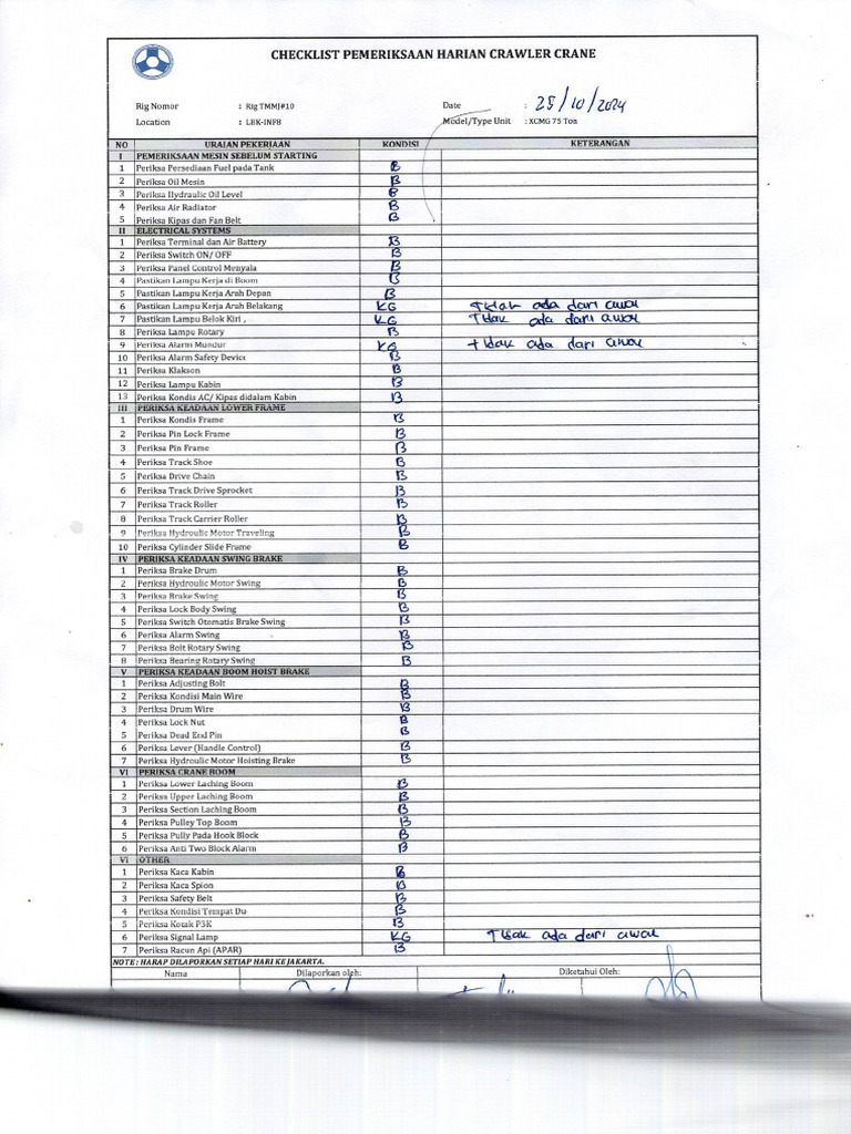 Checklist Harian Crane 25-Oktober-2024 (Pagi) | PDF