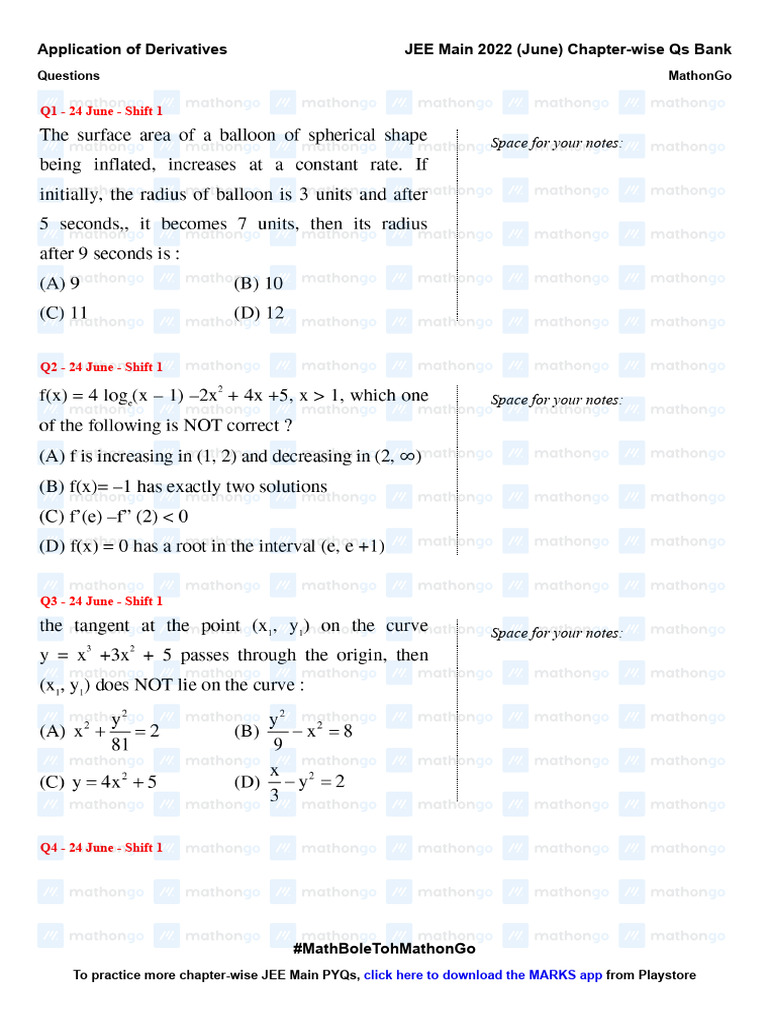 Application of Derivatives - JEE Main 2022 Chapter Wise Questions by ...