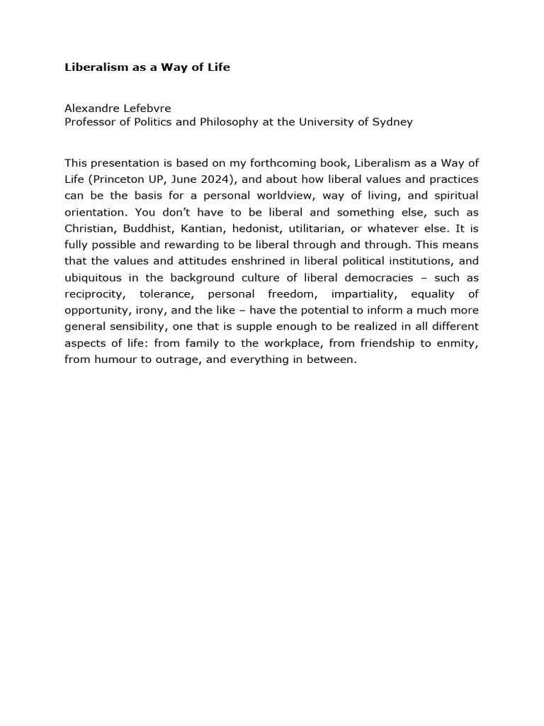 Alexandre Lefebvre - Liberalism As A Way of Life | PDF