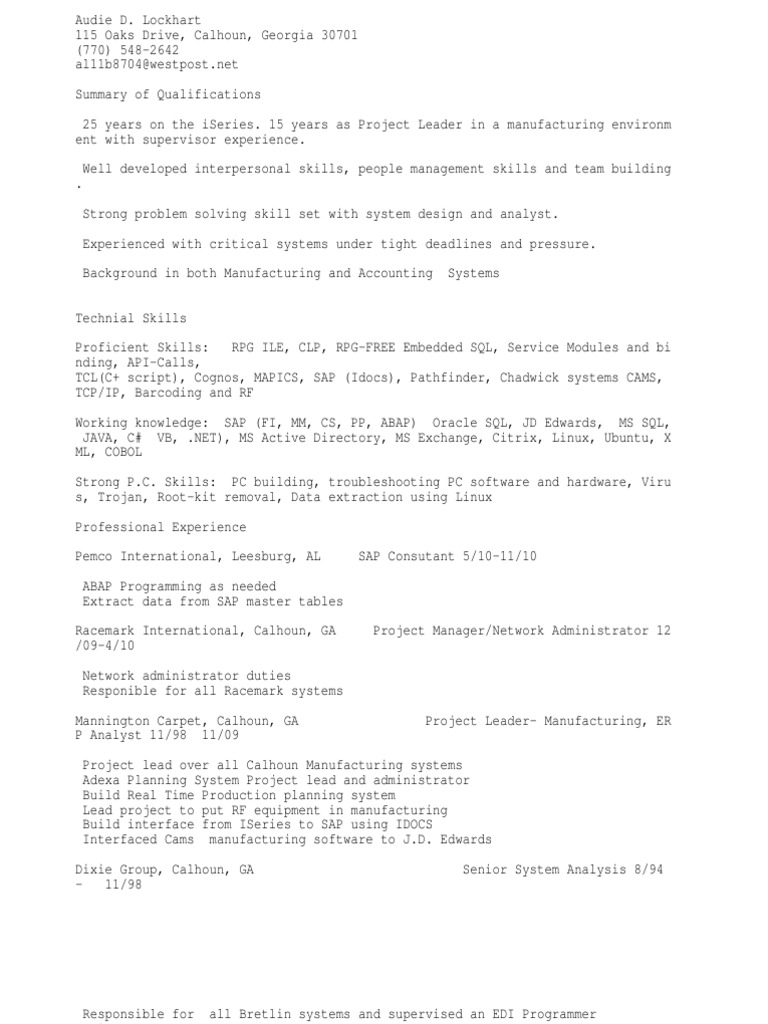 Programmer Analyst As400 RPG SAP ABAP | PDF | Programmer | Ibm System I