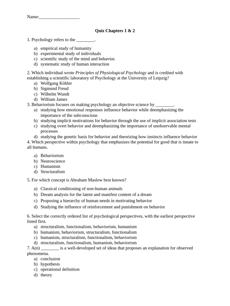 Quiz Chapters 1 | PDF | Psychology | Nervous System