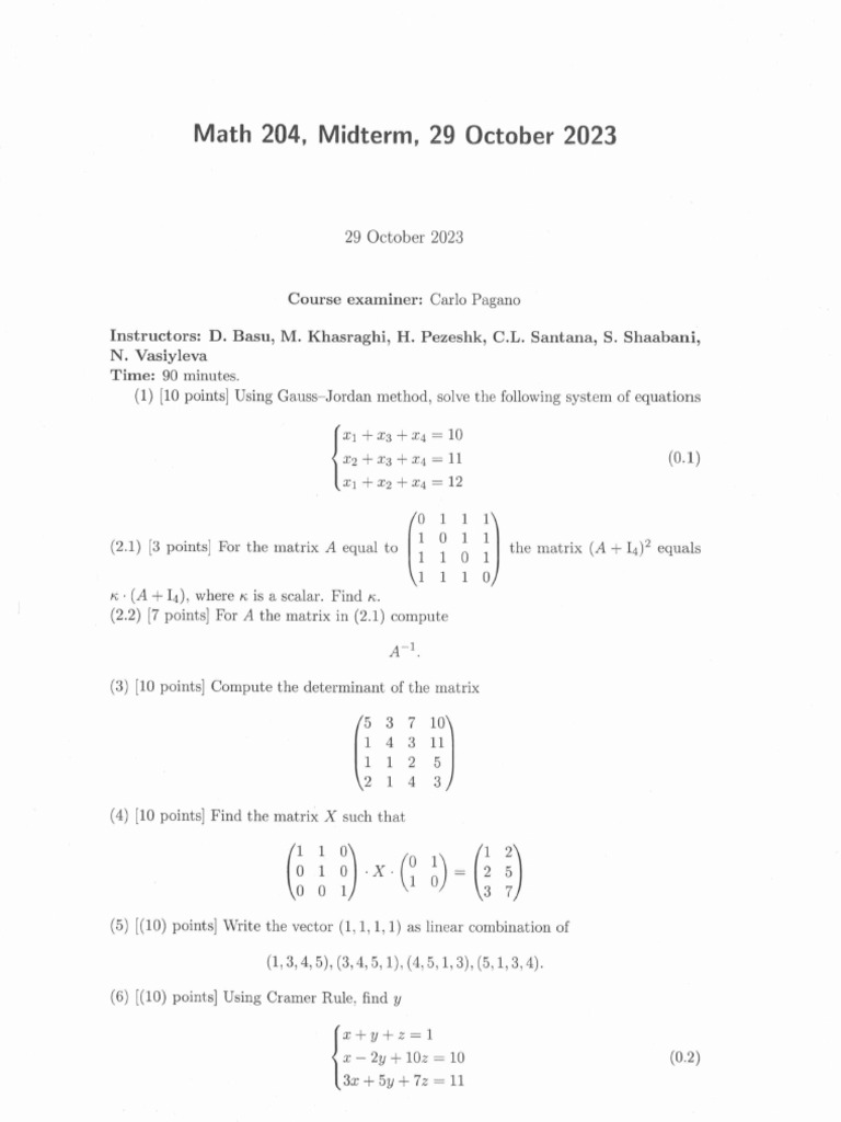 Math Midterm, 2023: October | PDF | Matrix (Mathematics) | Abstract Algebra