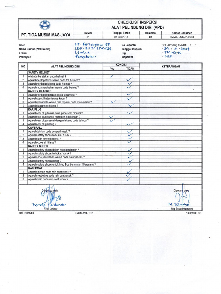 Checklist Inspeksi APD 24-Oktober-2024 | PDF
