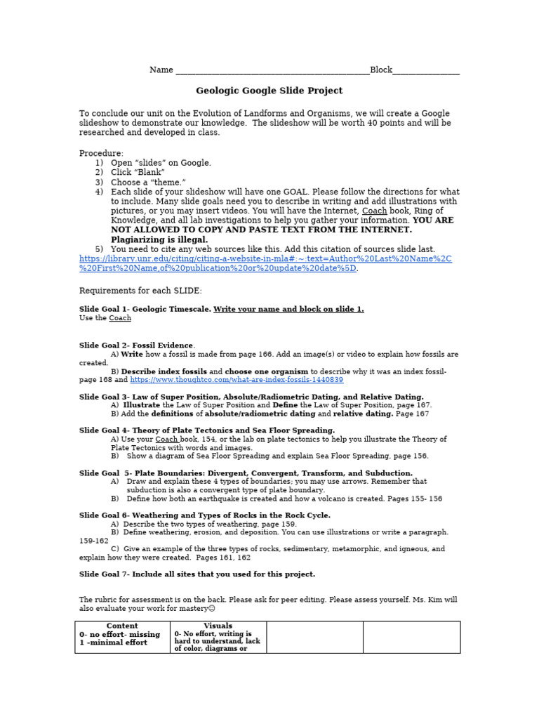 Geologic Project Slideshow RUBRIC- 2023 | PDF | Plate Tectonics | Geology